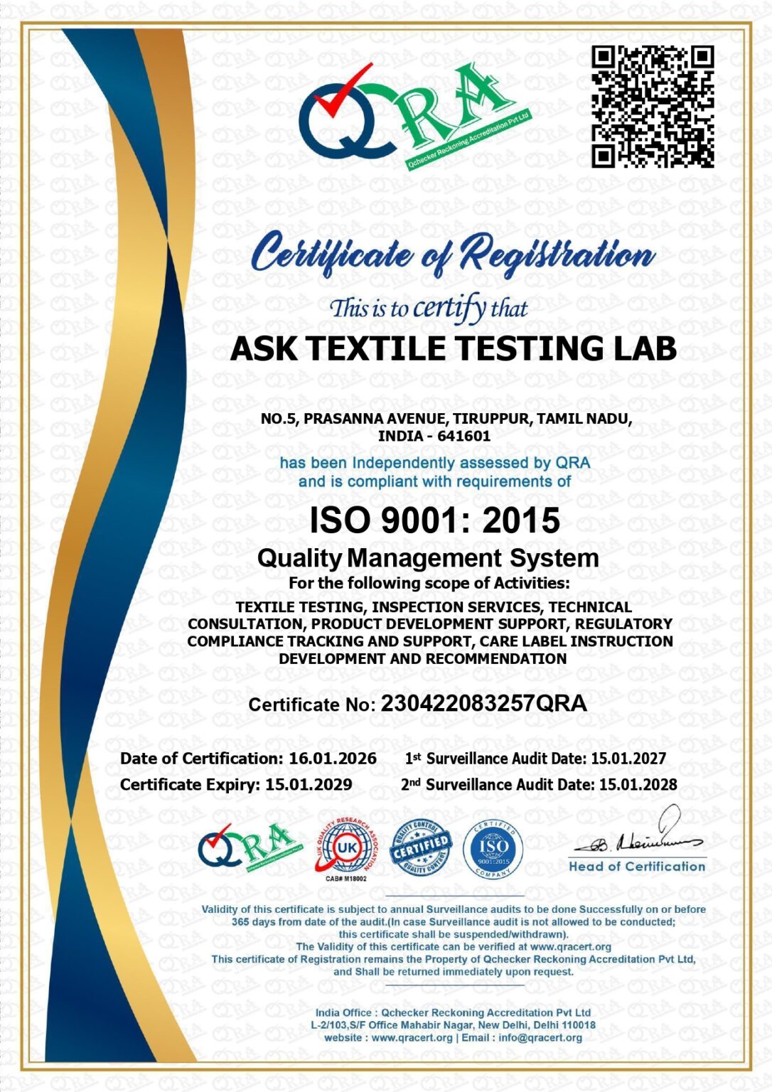 Certifications - ASK Textile Testing Lab